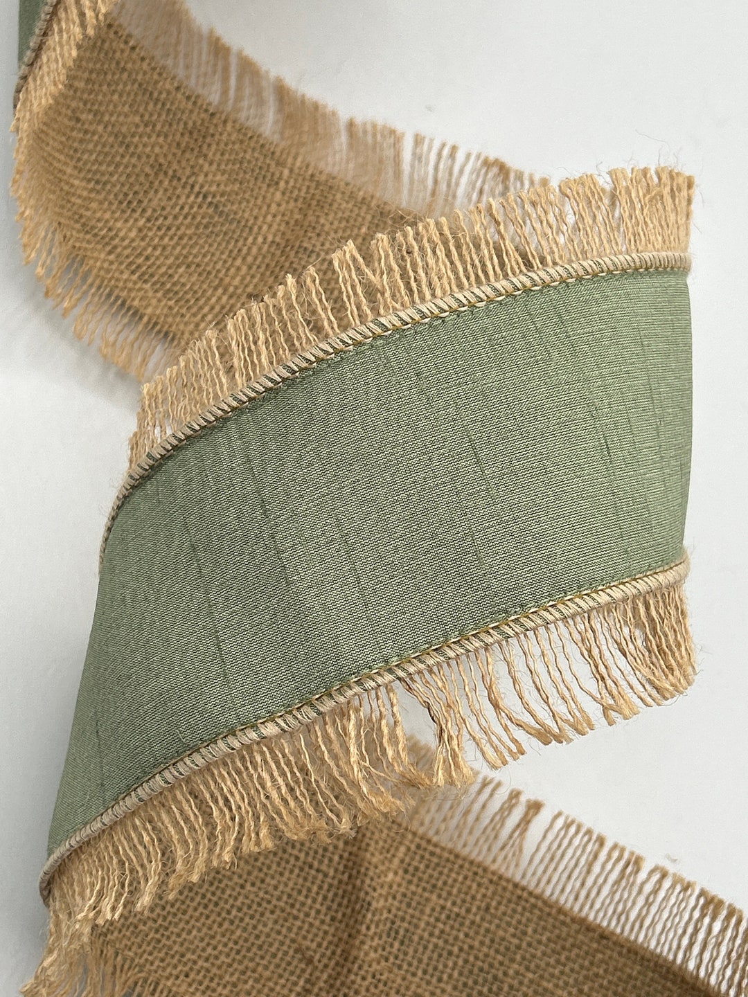 2.5" or 4" Sage Green Dupion Ribbon ~ Jute Back ~ Fringed Edges ~ Wired ...