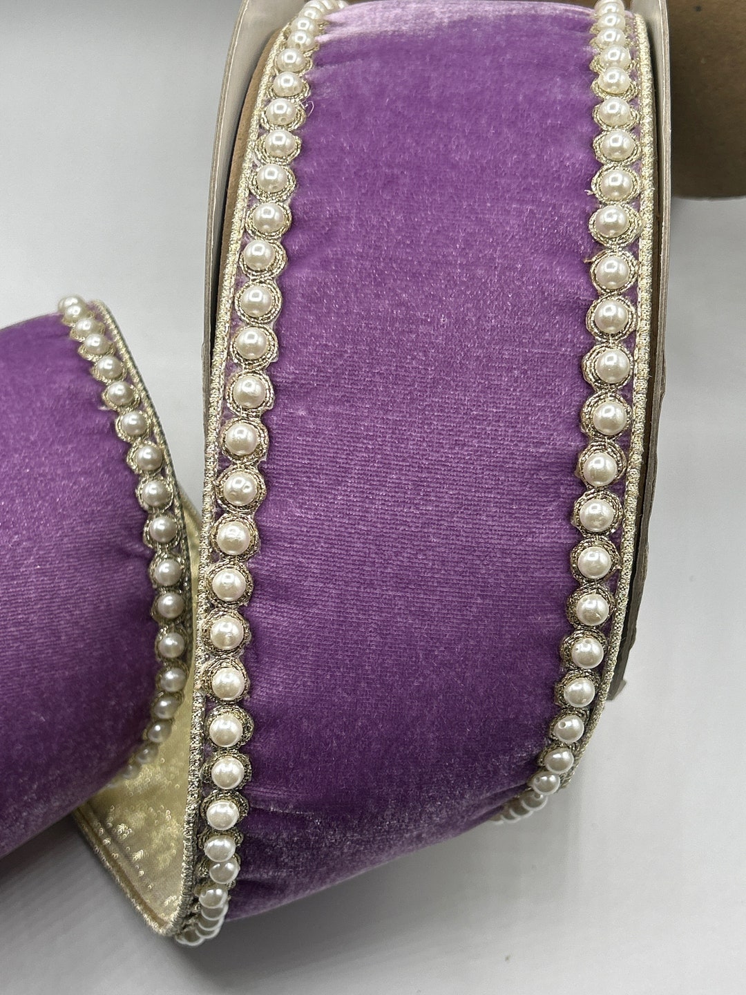 4 Lavender Velvet Ribbon Pearl Borders Metallic Gold Back Wired Edges ...