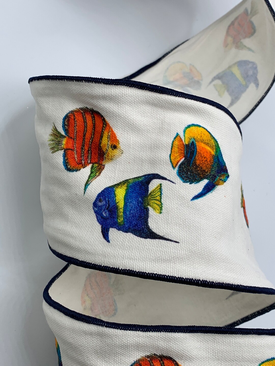 4" Tropical Fish on White Canvas Ribbon ~ Watercolor ~ Wired Edges ~ D ...