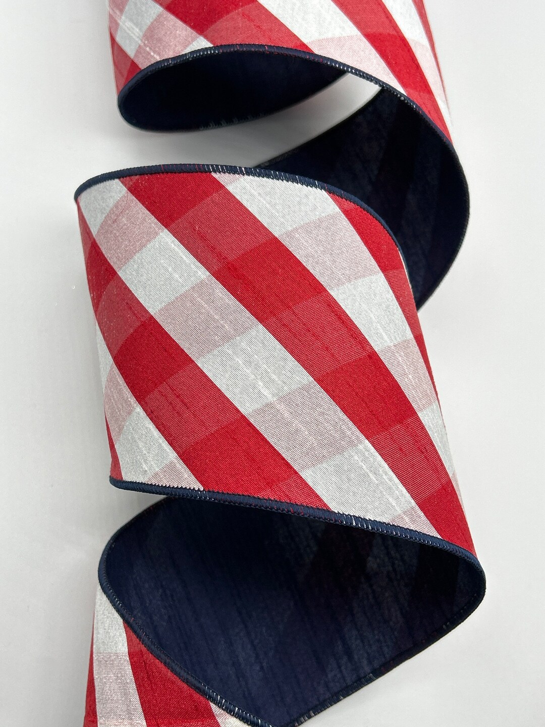 2.5" or 4" Red and White Diagonal Check Ribbon ~ Faux Dupion ~ Navy ...