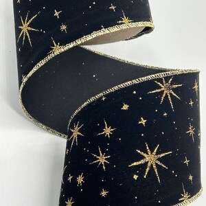 2.5” or 4" Gold Stars on Black Velvet Ribbon ~ Glitter Stars ~ Black ...
