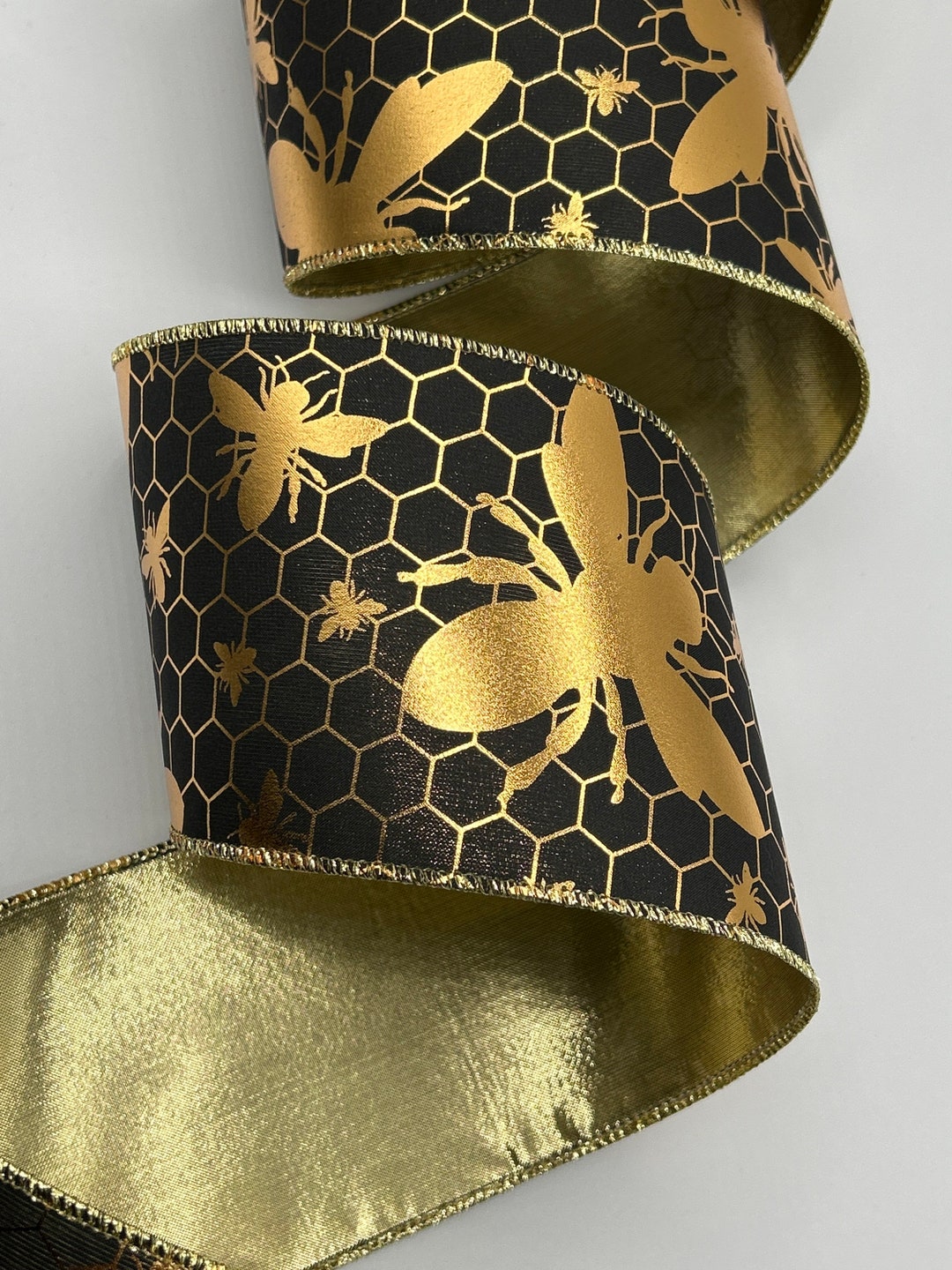 4" Metallic Gold Bees & Honeycomb ~ Black Taffeta Ribbon ~ Metallic ...