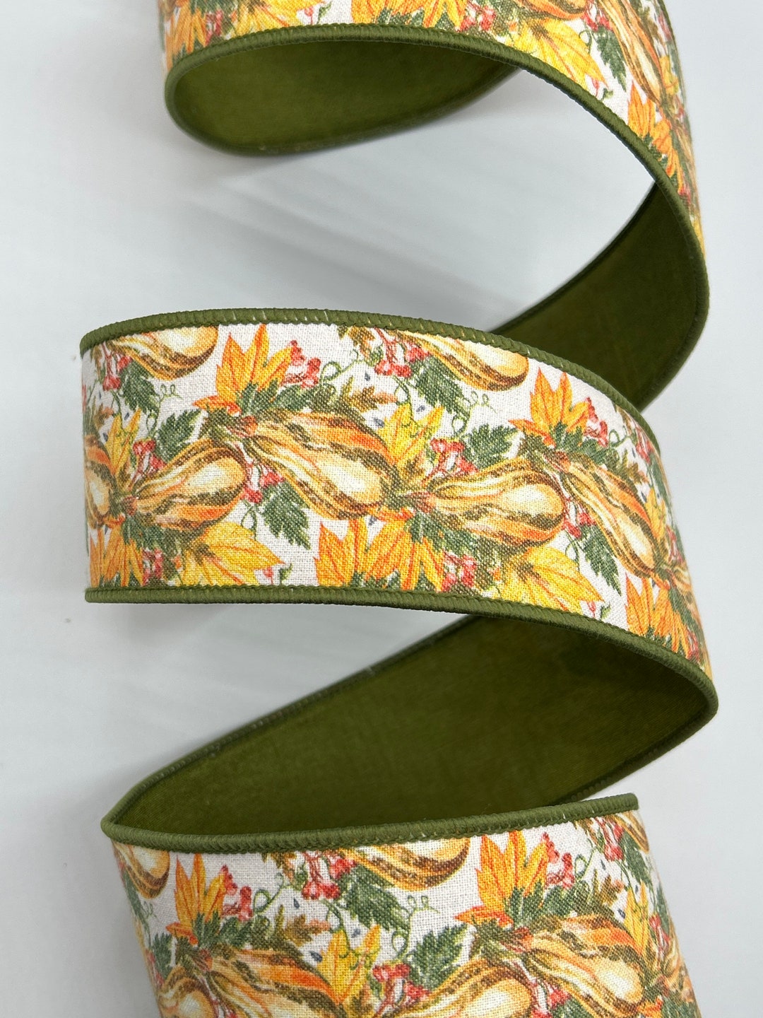 2.5" Squash Ribbon ~ Fall Ribbon ~ Green Back ~ Wired Edges ~ Farrisilk ...