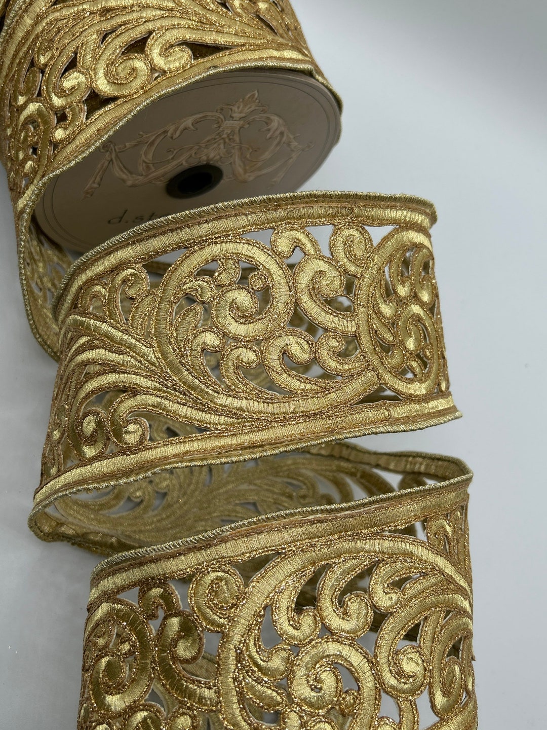 3.5" Gold Metallic Scroll Ribbon ~ D Stevens ~ Wired Edges ~ 10 Yard ...