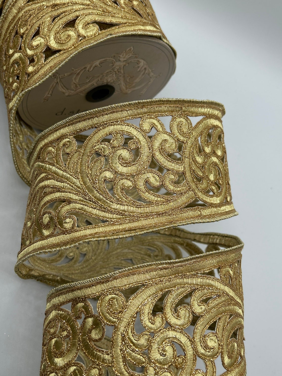 3.5" Gold Metallic Scroll Ribbon ~ D Stevens ~ Wired Edges ~ 10 Yard ...