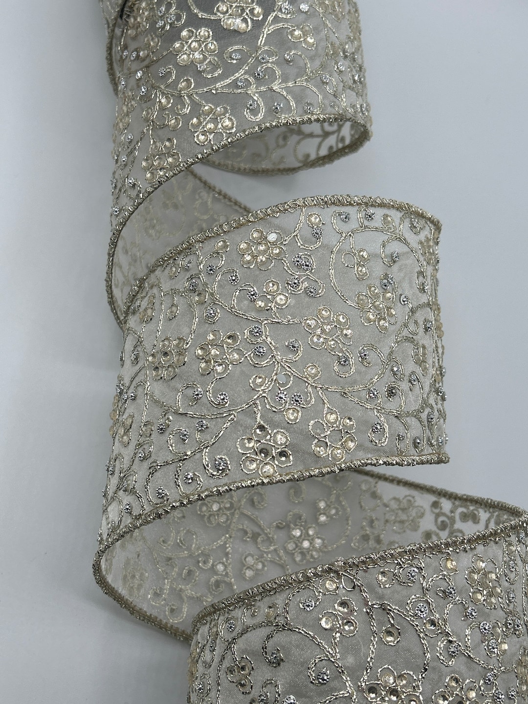 4" Champagne Sheer Ribbon ~ Embroidered Vines Flowers ~ Jewels ~ Wired ...