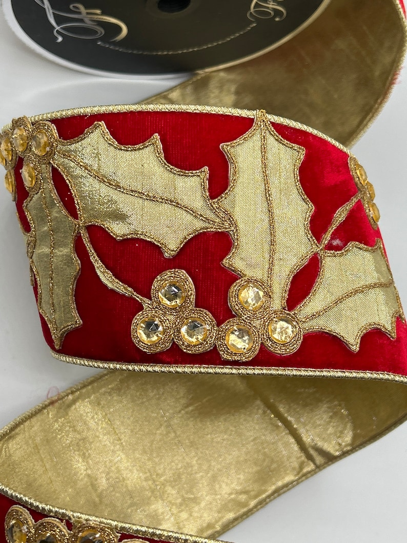 4" Metallic Gold Holly ~ Red Velvet Ribbon ~ Jeweled Berries ~ Wired ...