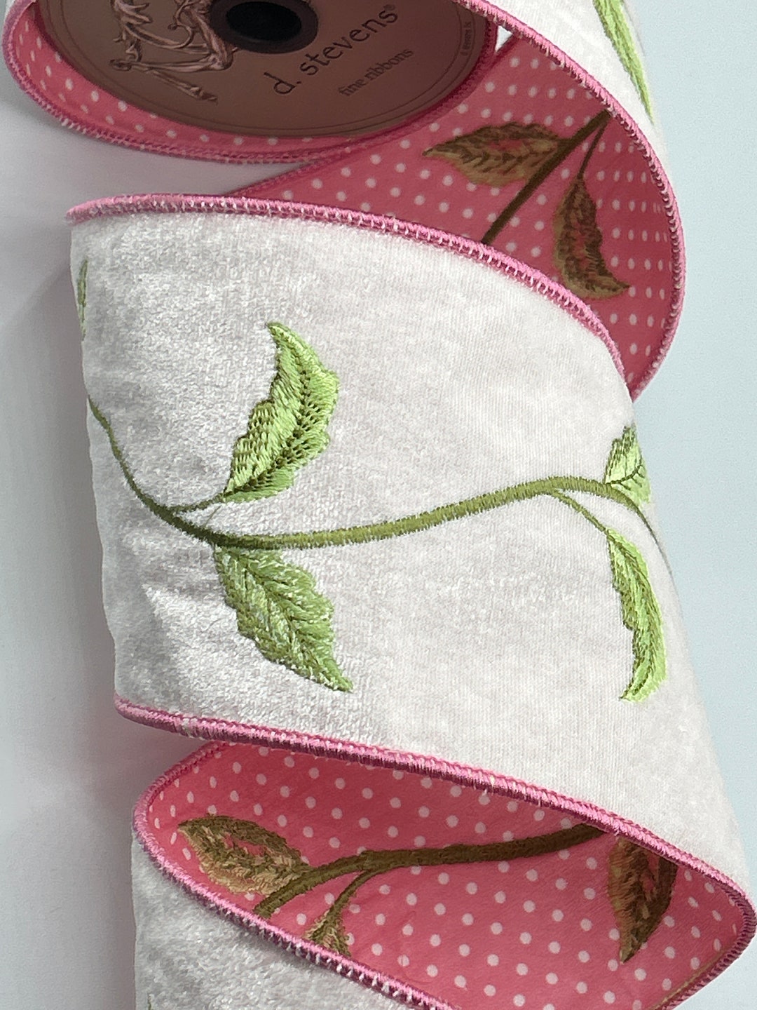 4" White Velvet Ribbon ~ Embroidered Vines ~ Pink White Polka Dot Back ...