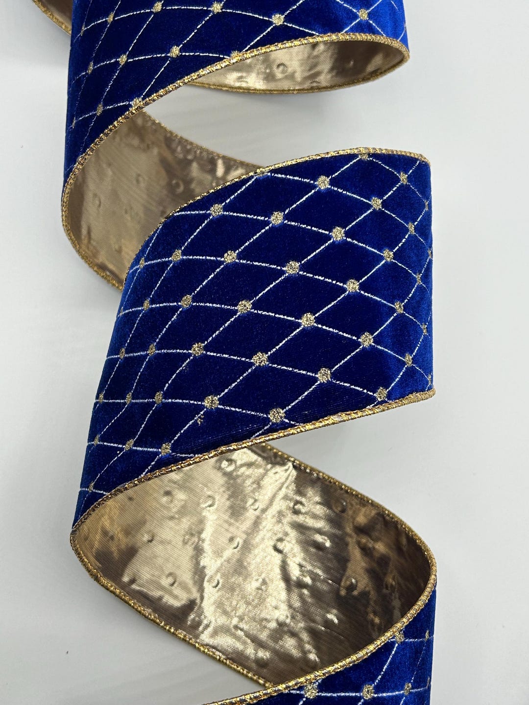 4" Royal Blue Velvet Ribbon ~ Embroidered Diamond Pattern ~ Gold Back ...