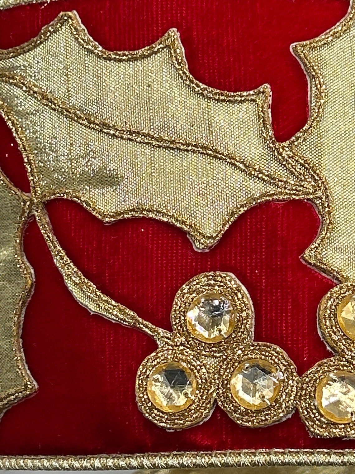 4" Metallic Gold Holly ~ Red Velvet Ribbon ~ Jeweled Berries ~ Wired ...