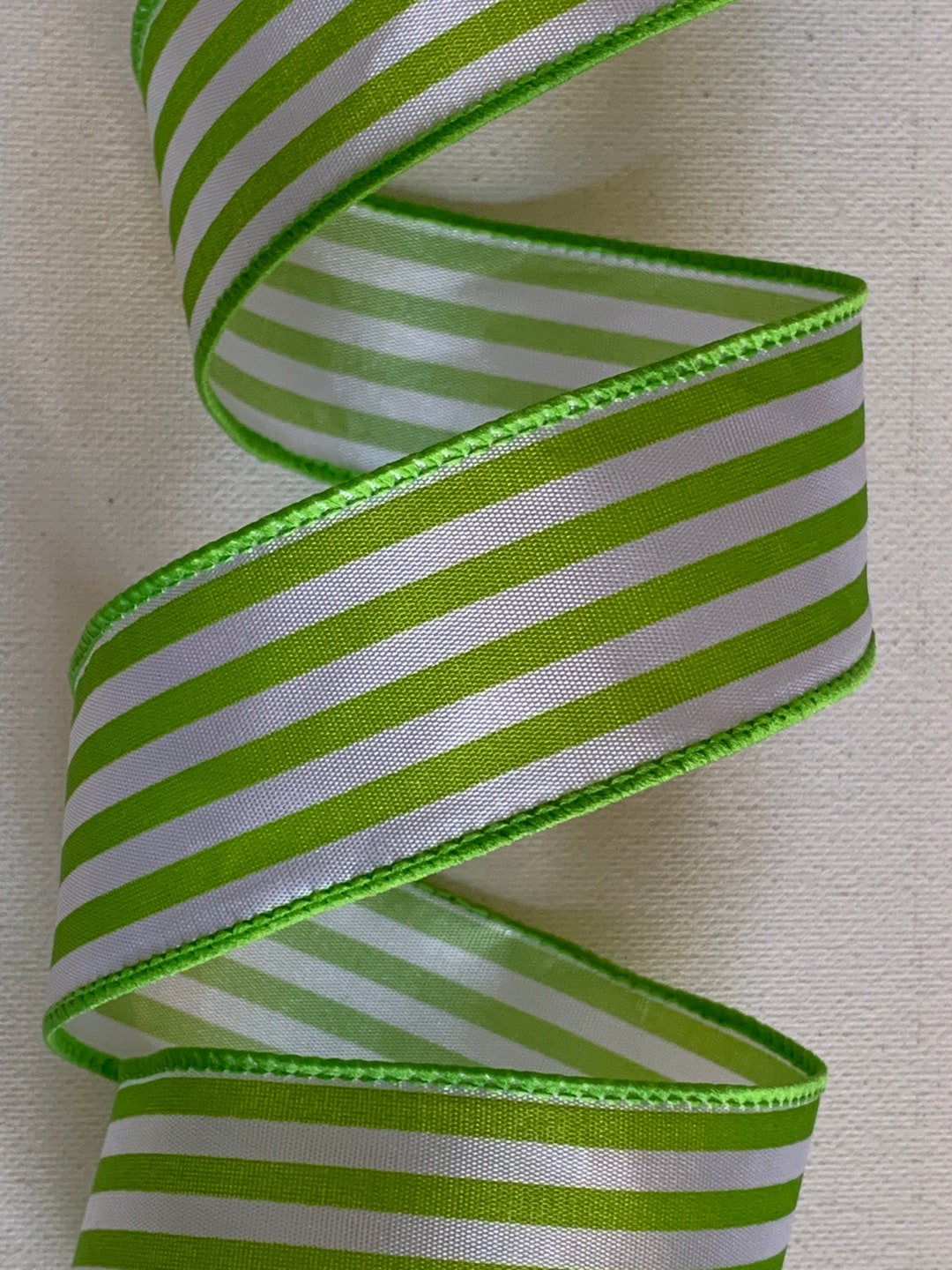 1.5" Lime Green and White Striped Satin Ribbon ~ Wired Edges ~ 10 Yards ...