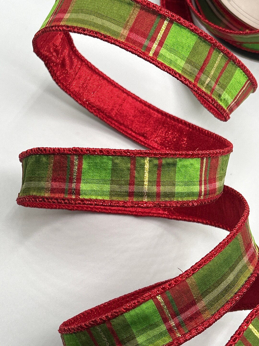 1" Red Green Gold Plaid Ribbon ~ Metallic Red Back ~ Stiff ~ Wired ...