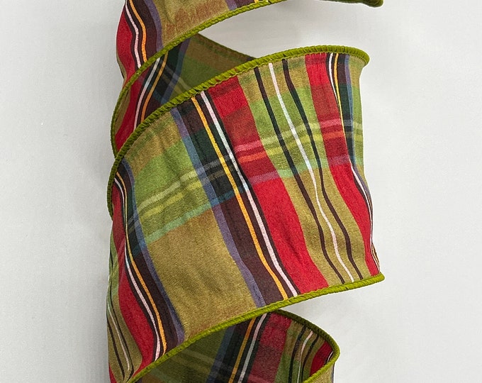 4" Plaid Ribbon ~ Olive Green Red Blue Gold White Black ~ Wired Edges ...