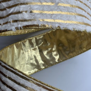 2.5" Ivory Faux Fur Ribbon ~ Metallic Gold Stripes ~ Metallic Gold Back ...