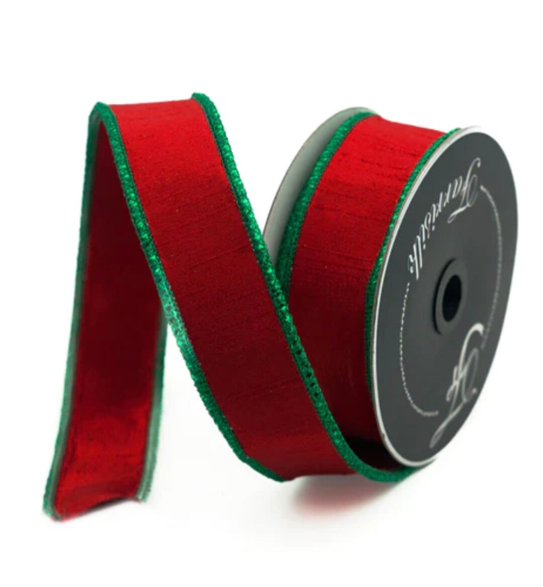 1.5" Red Metallic Ribbon ~ Emerald Green Cord ~ Wired Edges ~ Farrisilk ...