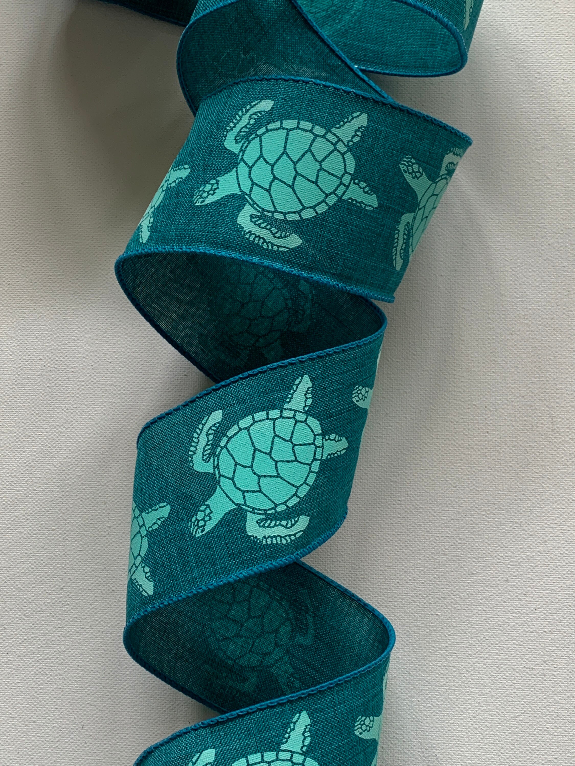 2.5 Aqua Sea Turtles Teal Linen Ribbon Wired Edges | Etsy
