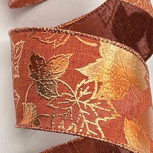 2.5" Rust Linen Ribbon ~ Raised Metallic Copper Leaves ~ Wired Edges ...