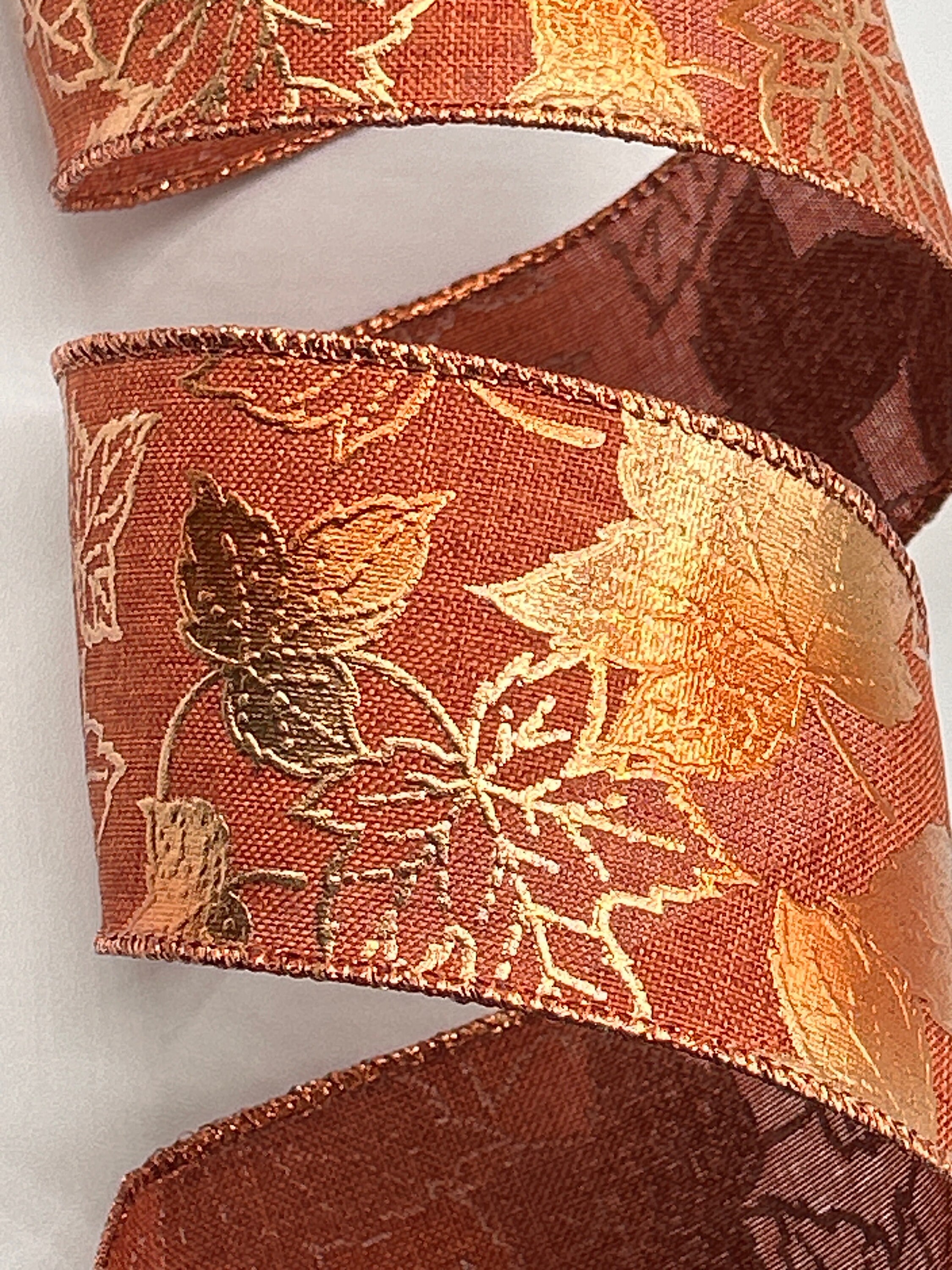 2.5" Rust Linen Ribbon ~ Raised Metallic Copper Leaves ~ Wired Edges ...