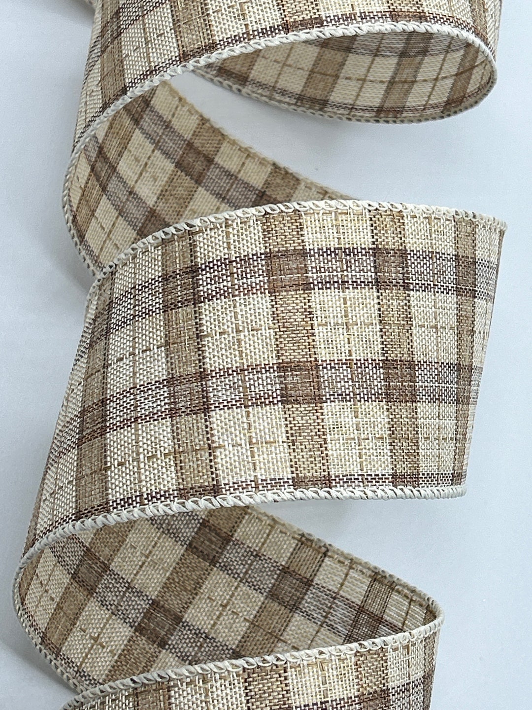 2.5" Brown and Beige Plaid Ribbon ~ Linen ~ Wired Edges ~ 10 Yard Roll ...