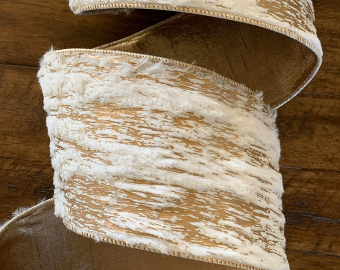 2.5 or 4 Ivory Birch Bark Look Faux Fur Ribbon Gold Detail D Stevens ...