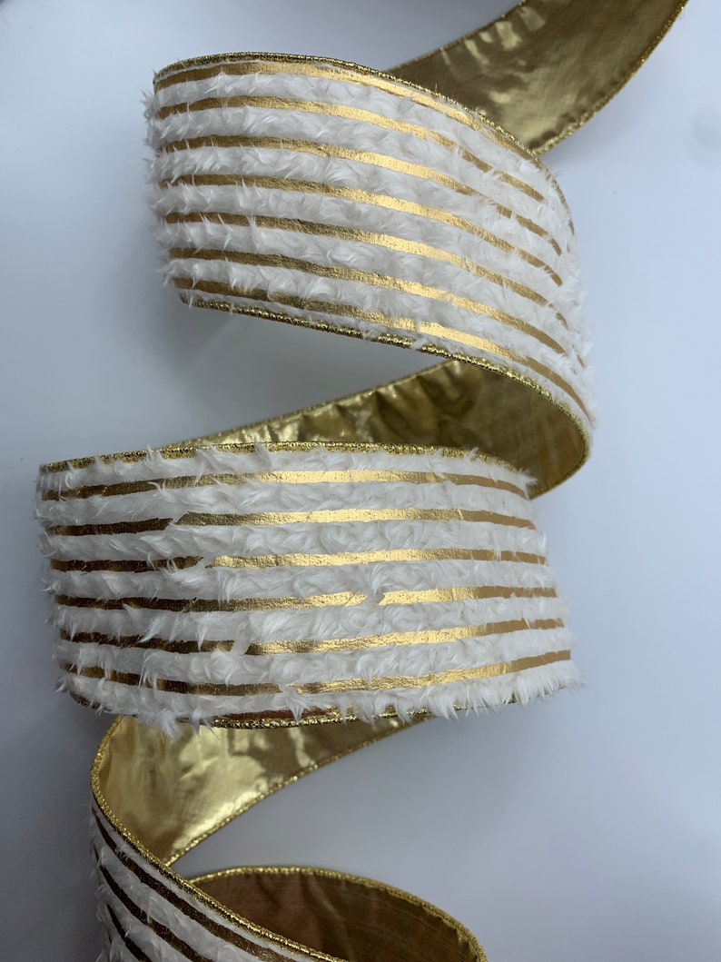 2.5 Ivory Faux Fur Ribbon Metallic Gold Stripes - Etsy