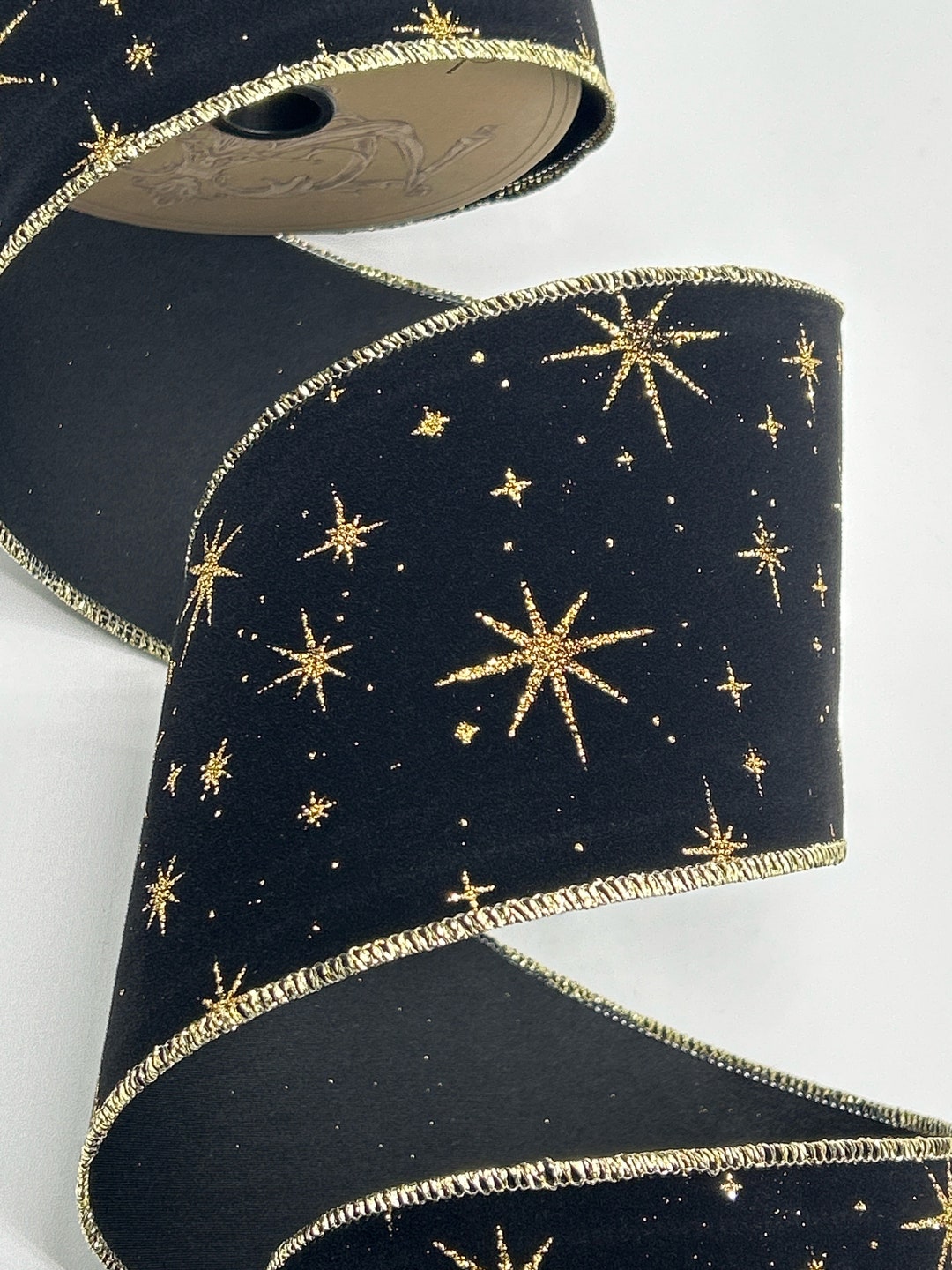 2.5” or 4" Gold Stars on Black Velvet Ribbon ~ Glitter Stars ~ Black ...