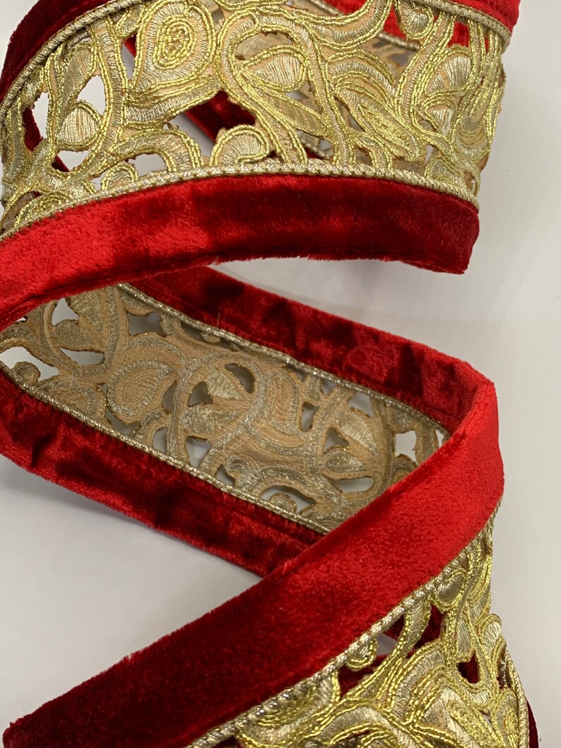 3.5 Gold Cut Out Embroidery Ribbon Red Velvet Borders - Etsy