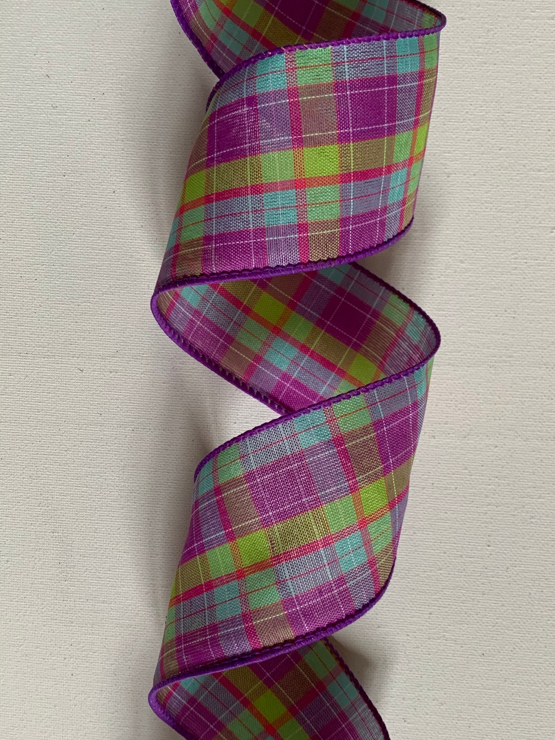 2.5 Plaid Ribbon Purple Lime Green Blue Wired - Etsy