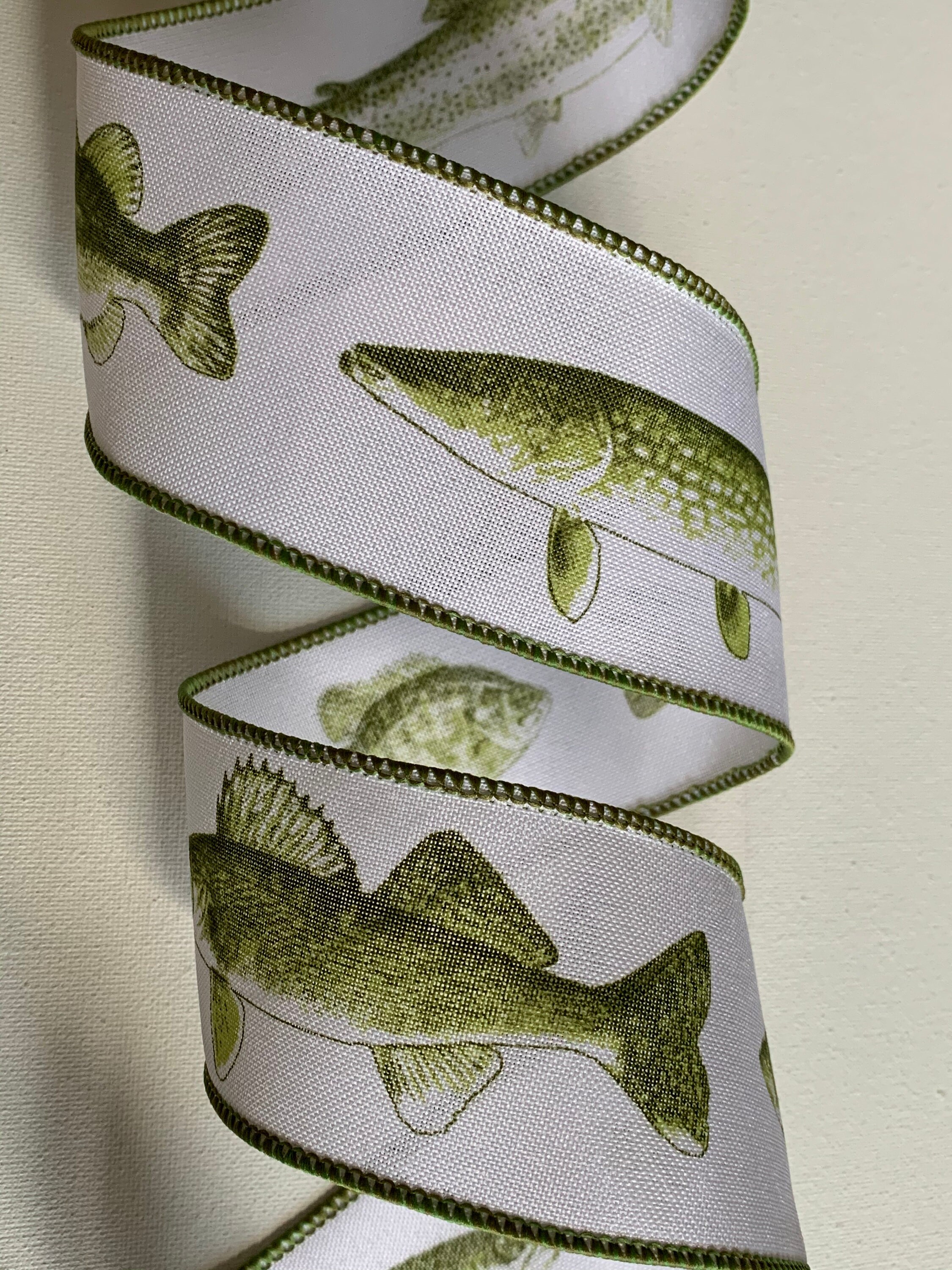 2.5 Fresh Water Fish Linen Ribbon Wired White & Green - Etsy UK