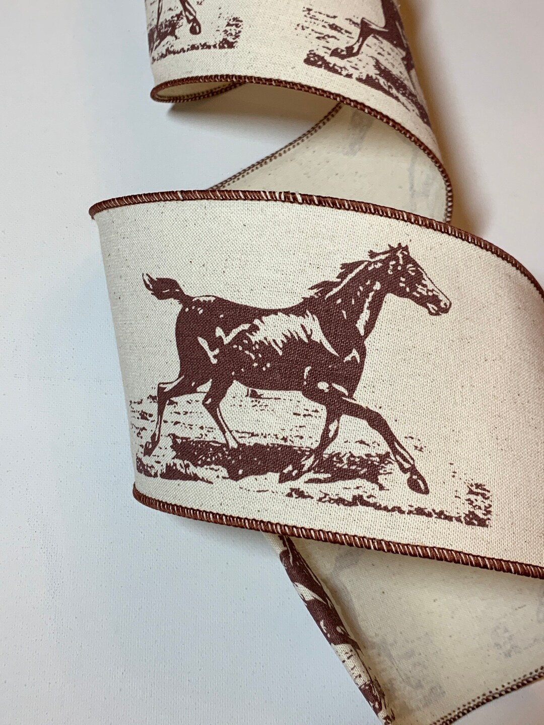 4" Natural Canvas Ribbon With Brown Printed Horses ~ Wired Edges ~ 10 ...