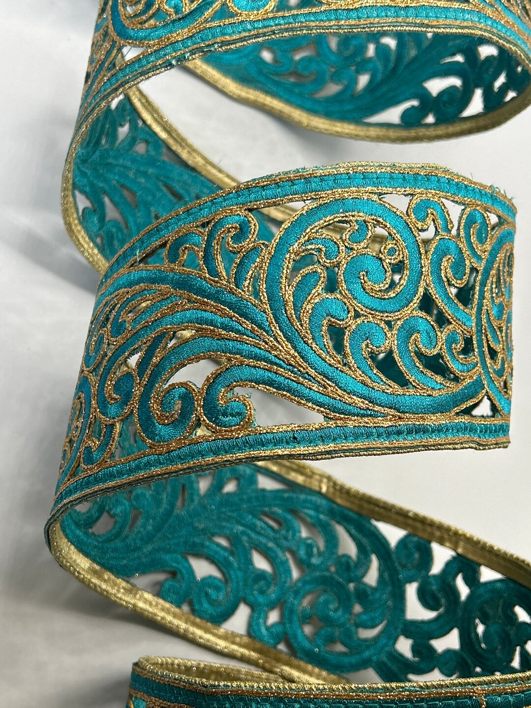 3.5" Teal Blue & Gold Metallic Scroll Ribbon ~ D Stevens ~ Wired Edges ...