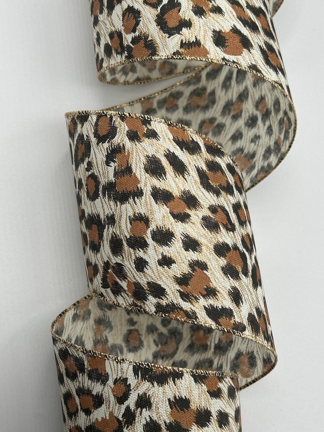 4" Leopard Ribbon ~ Cream Linen ~ Gold Swirls ~ Wired Edges ~ D Stevens ...