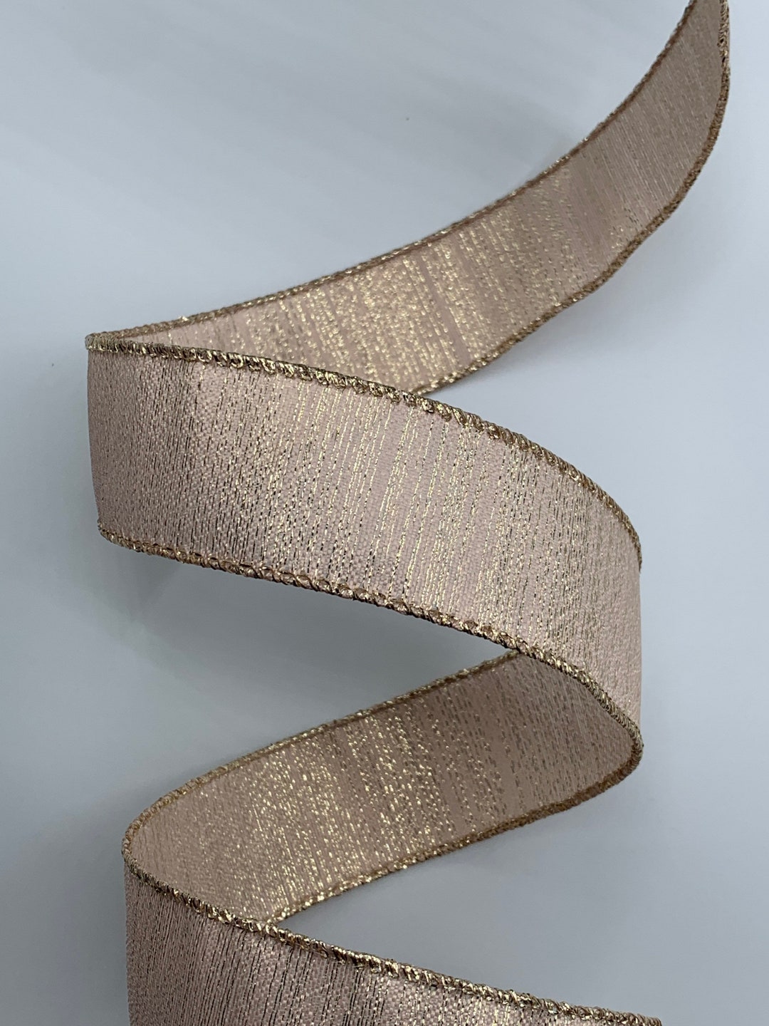 1.5" Pale Blush Ribbon ~ Metallic Gold Threads ~ Wired Edges ~ 10 Yards ...