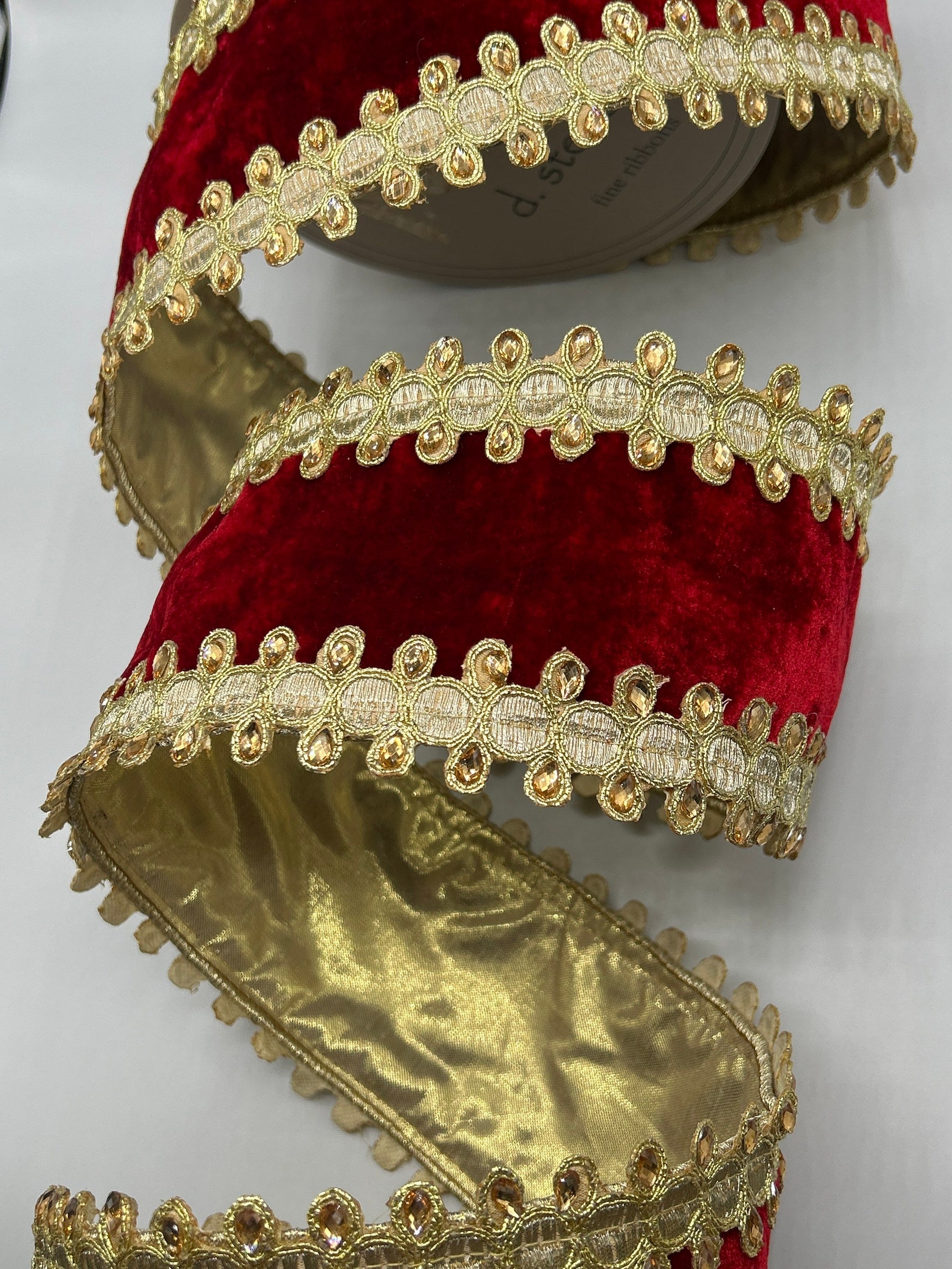 4 Red Velvet Ribbon Gold Embroidered and Jeweled Trim - Etsy