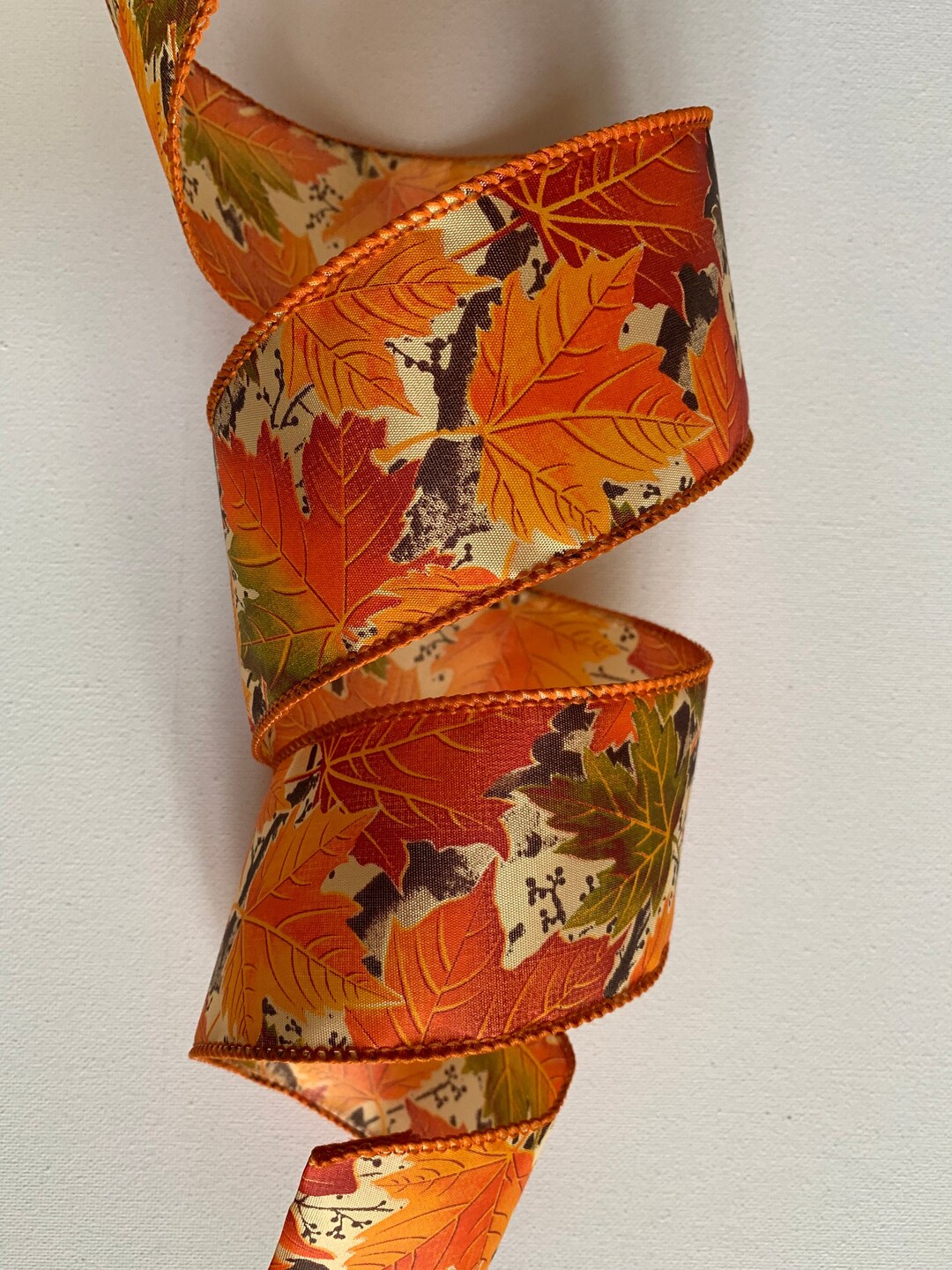 2.5" Fall Leaves on Cream Ribbon ~ Wired Edges ~ 10 Yard Roll ~ Autumn ...