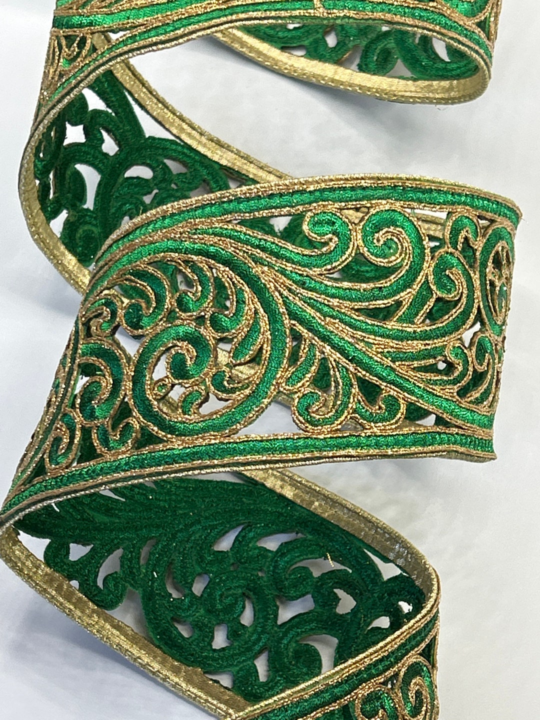 3.5" Green & Gold Metallic Scroll Ribbon ~ D Stevens ~ Wired Edges ~ 10 ...