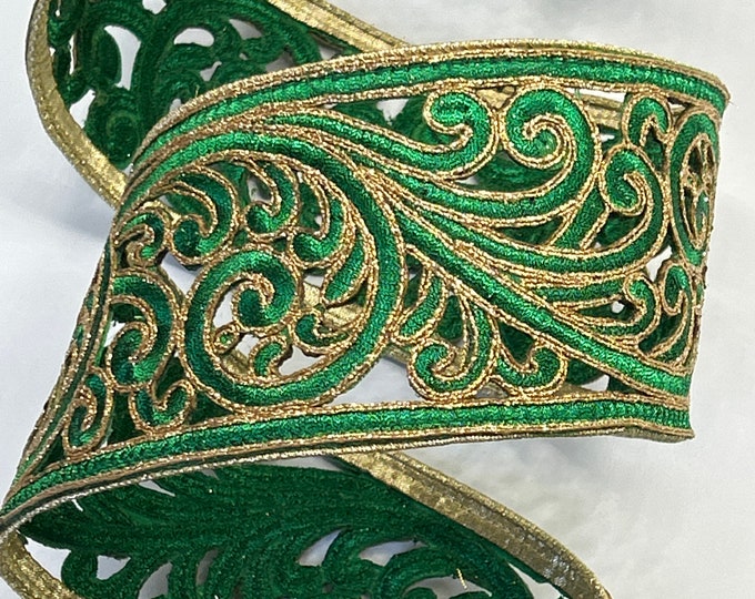 3.5 Green & Gold Metallic Scroll Ribbon D Stevens Wired Edges 10 Yard ...