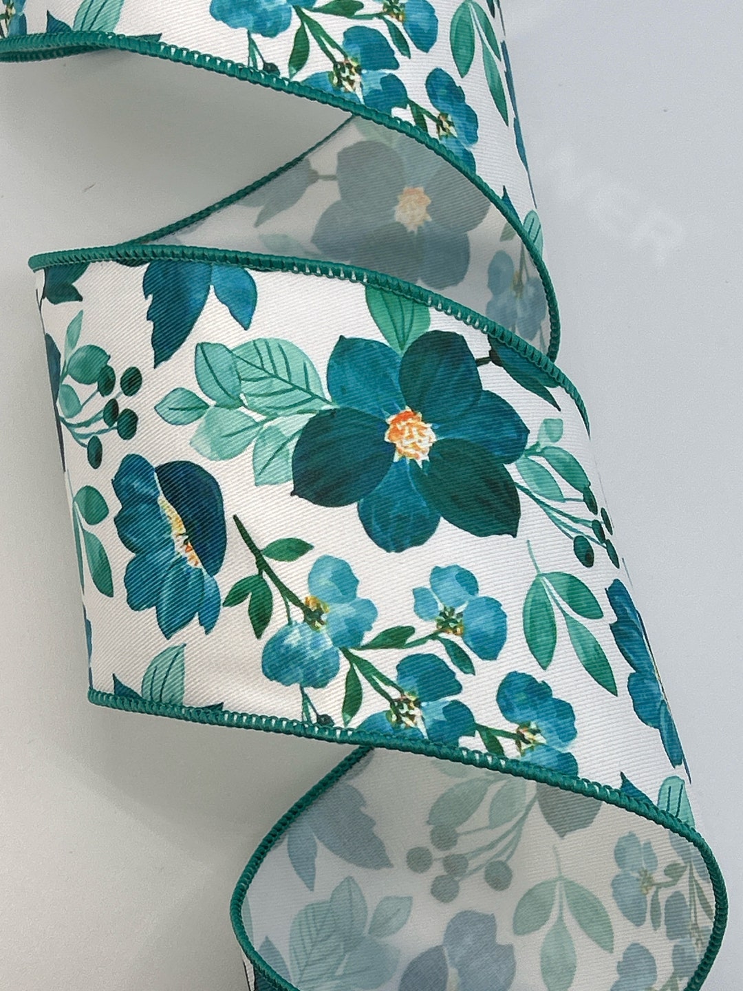 4" Teal and White Ribbon ~ Teal Flowers ~ White Poplin Ribbon ~ Wired ...