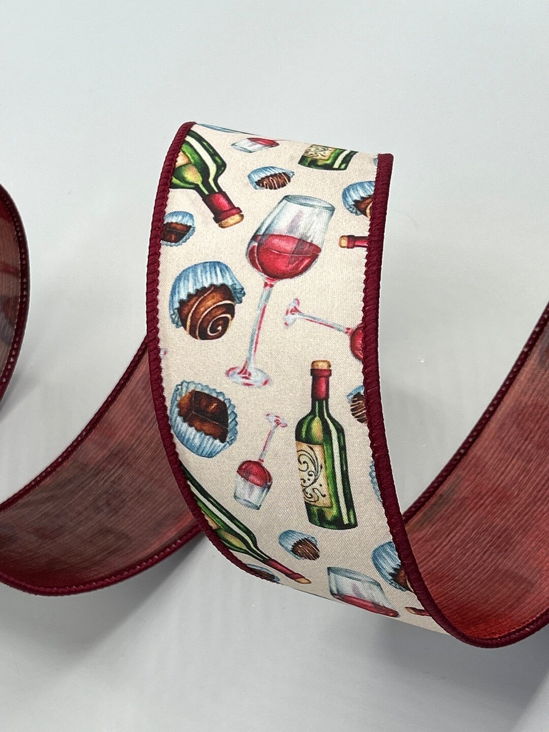 25 Dessert Wine Ribbon ~ Wine And Desserts On White Ribbon ~ Burgundy ~ Wired Edges