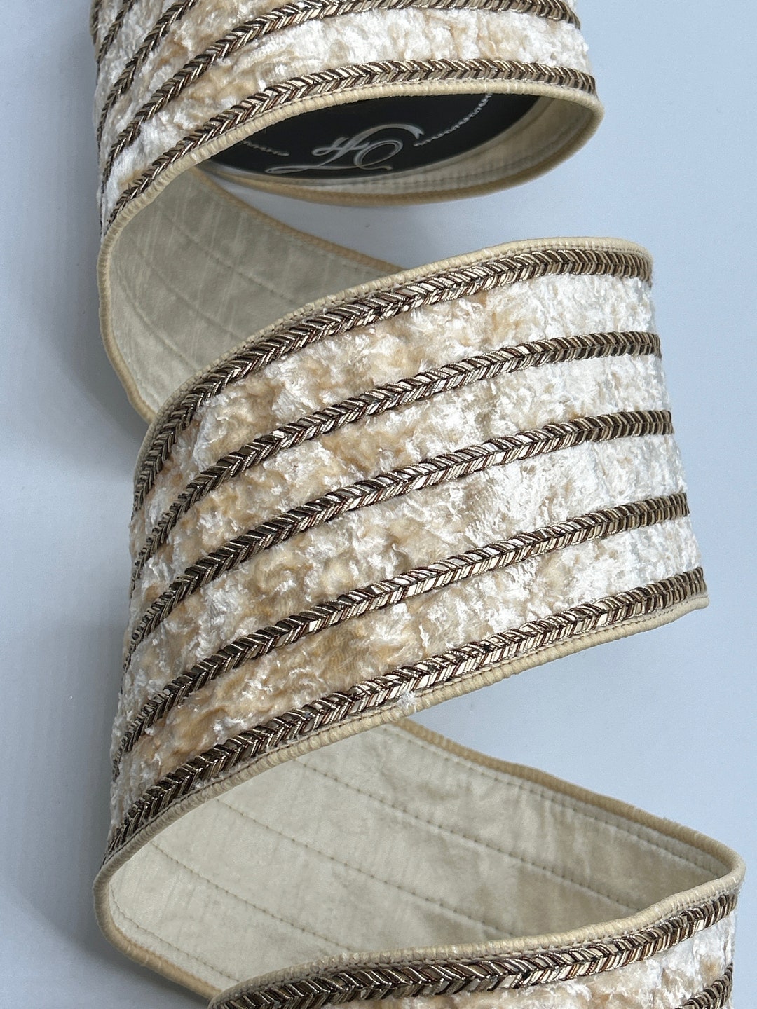 4 Cream Velvet Ribbon Bronze Metallic Stripes Wired Edges Farrisilk 5 ...