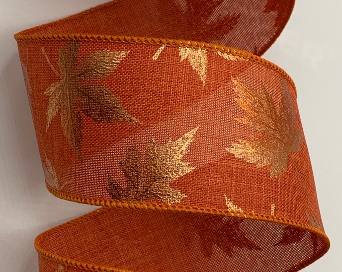 2.5" Rust Linen Ribbon ~ Dark Orange ~ Raised Copper Metallic Leaves ...
