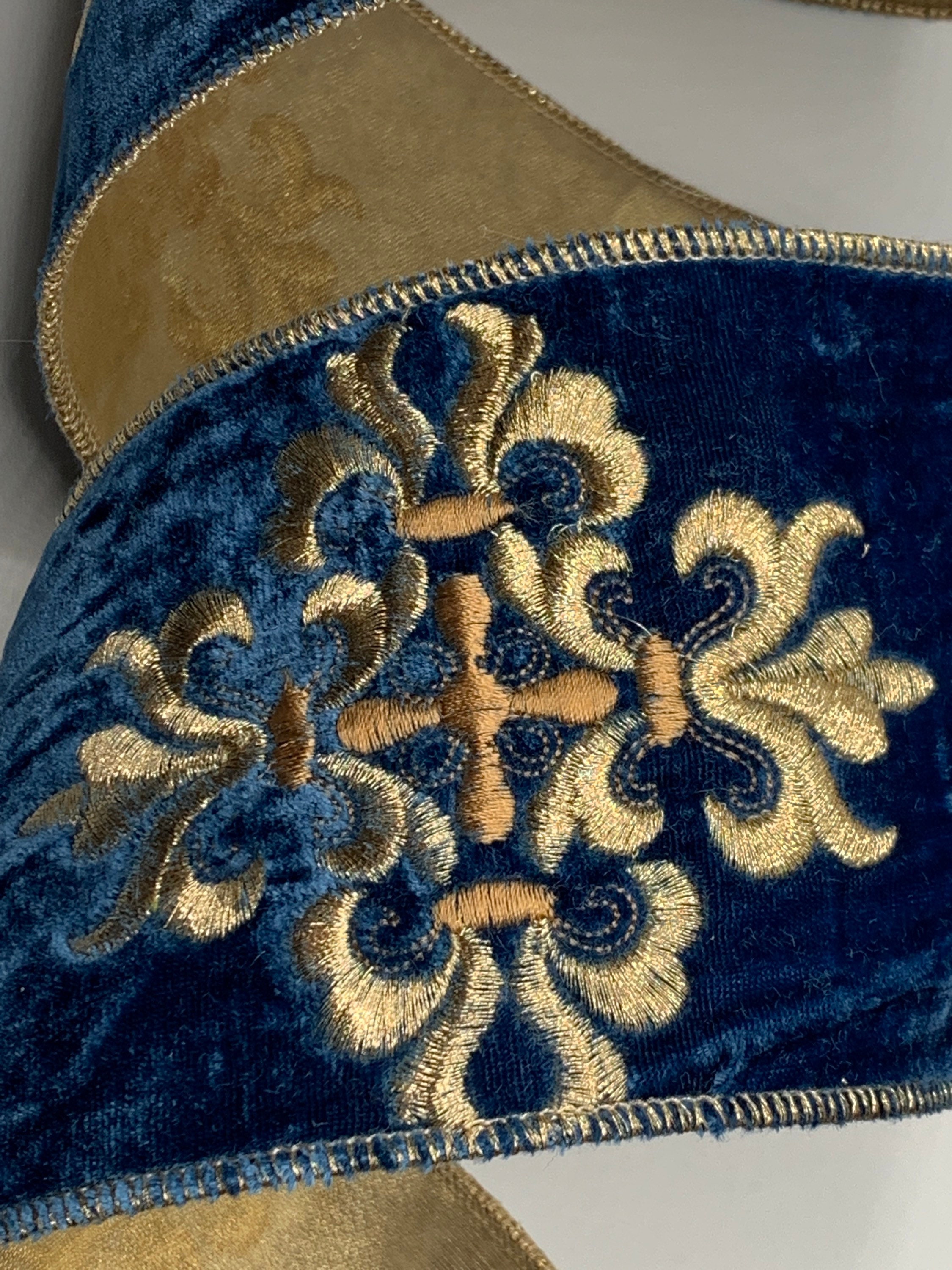 4 Blue Embroidered Cross Medallion Velvet Ribbon D | Etsy