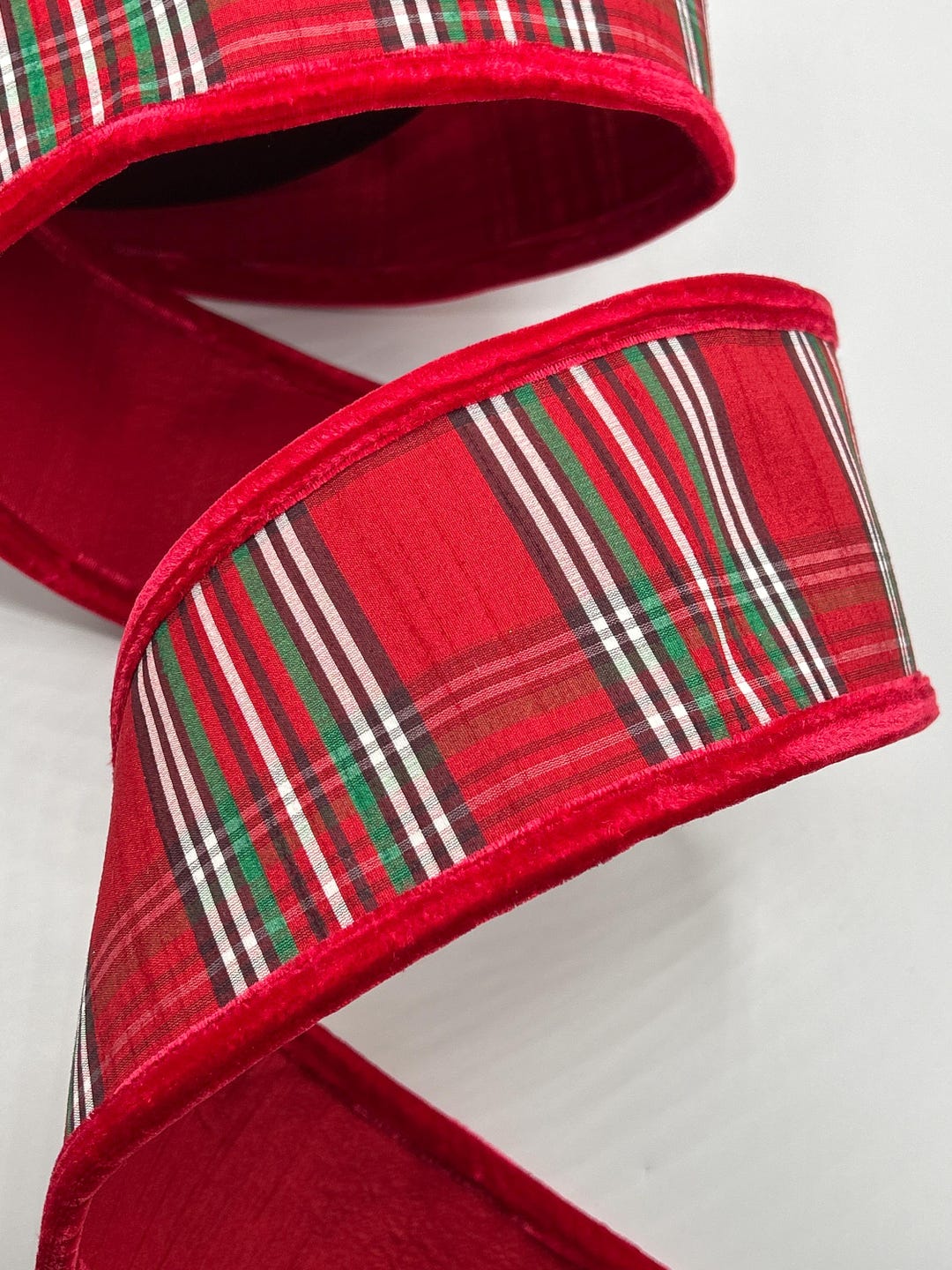 4" Red Plaid Ribbon ~ Red Velvet Borders ~ Red Back ~ Wired Edges ...