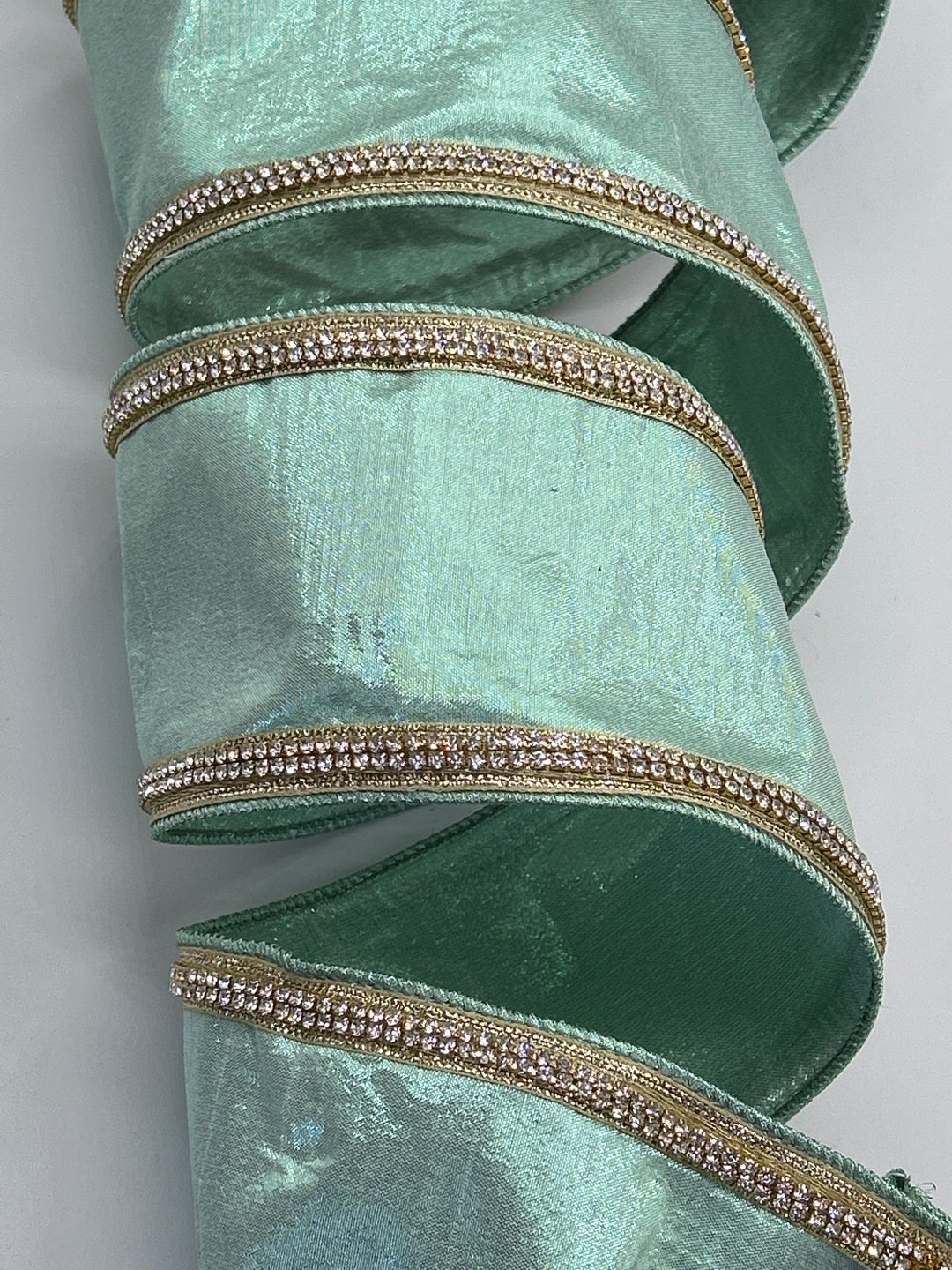 4" Metallic Celadon Green Ribbon ~ Crystal Trim ~ Wired Edges ~ D ...