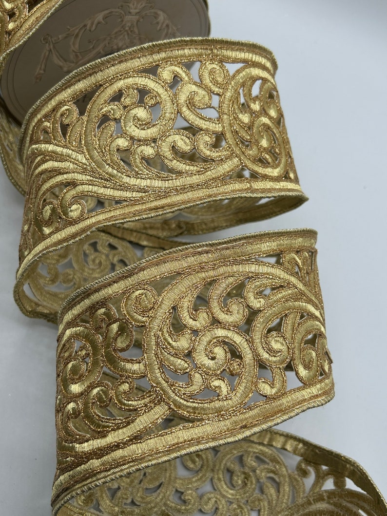 3.5" Gold Metallic Scroll Ribbon ~ D Stevens ~ Wired Edges ~ 10 Yard ...