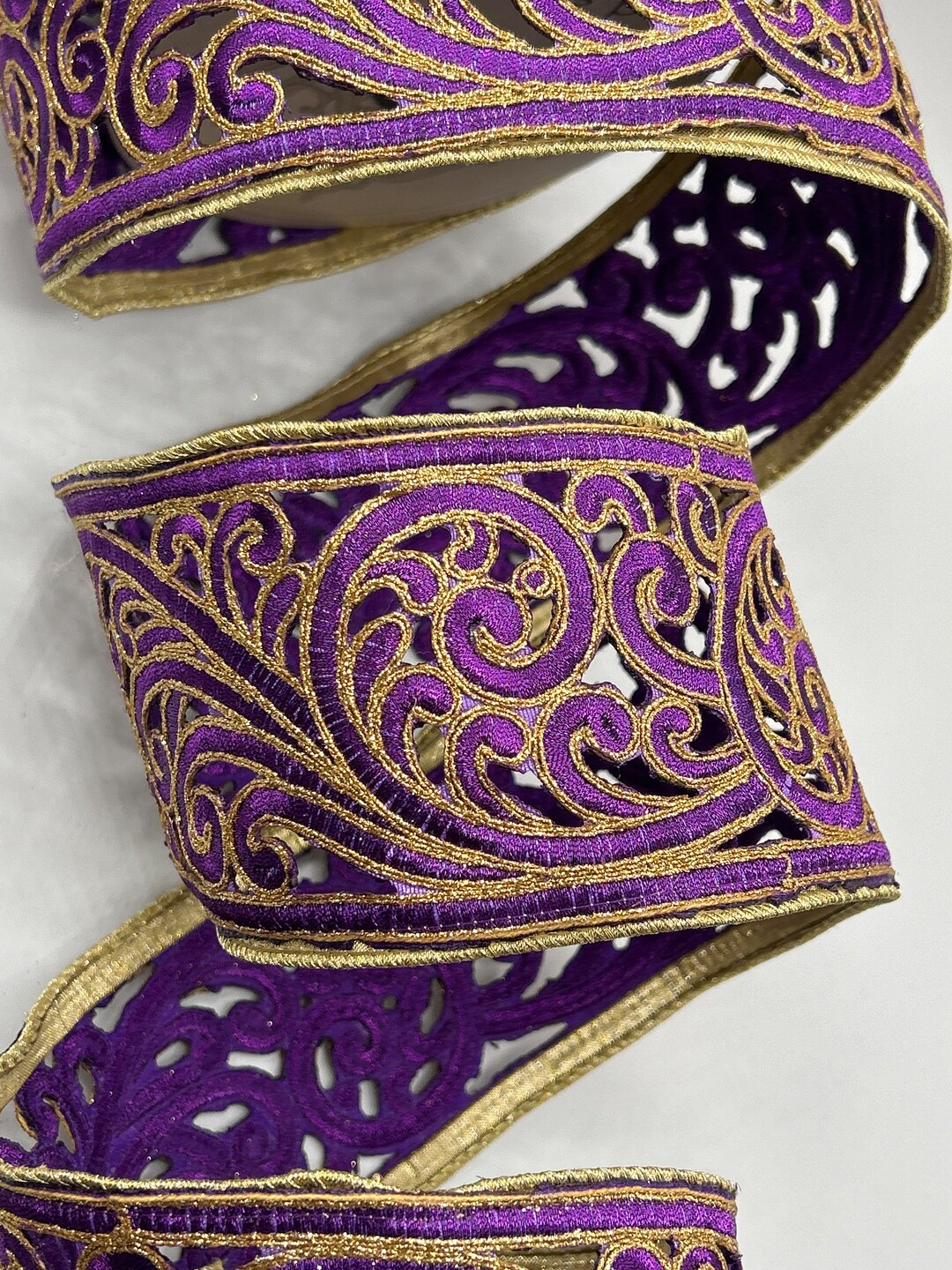 3.5" Purple & Gold Metallic Scroll Ribbon ~ D Stevens ~ Wired Edges ...