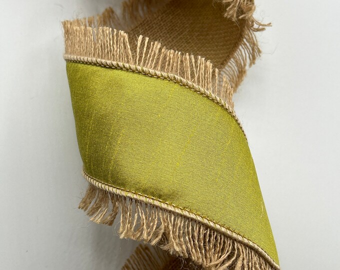 4" Light Green Dupion Ribbon ~ Brown Beige and Metallic Gold Filigree ...