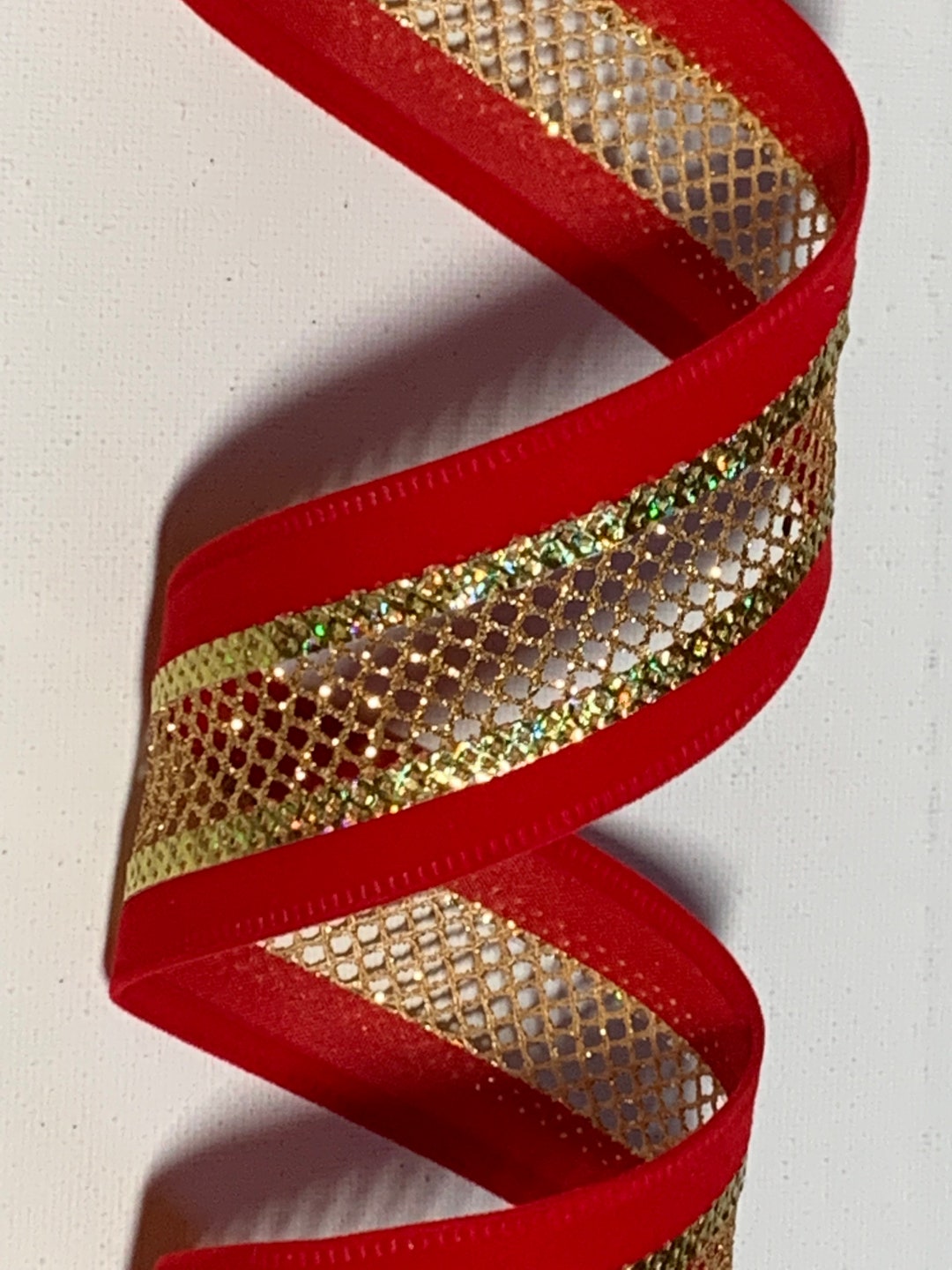 1.5 Red Velvet Ribbon Gold Metallic Mesh Middle - Etsy