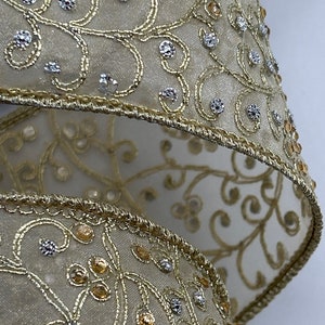 4" Gold Sheer Ribbon ~ Embroidered Vines Flowers ~ Jewels ~ Wired Edges ...