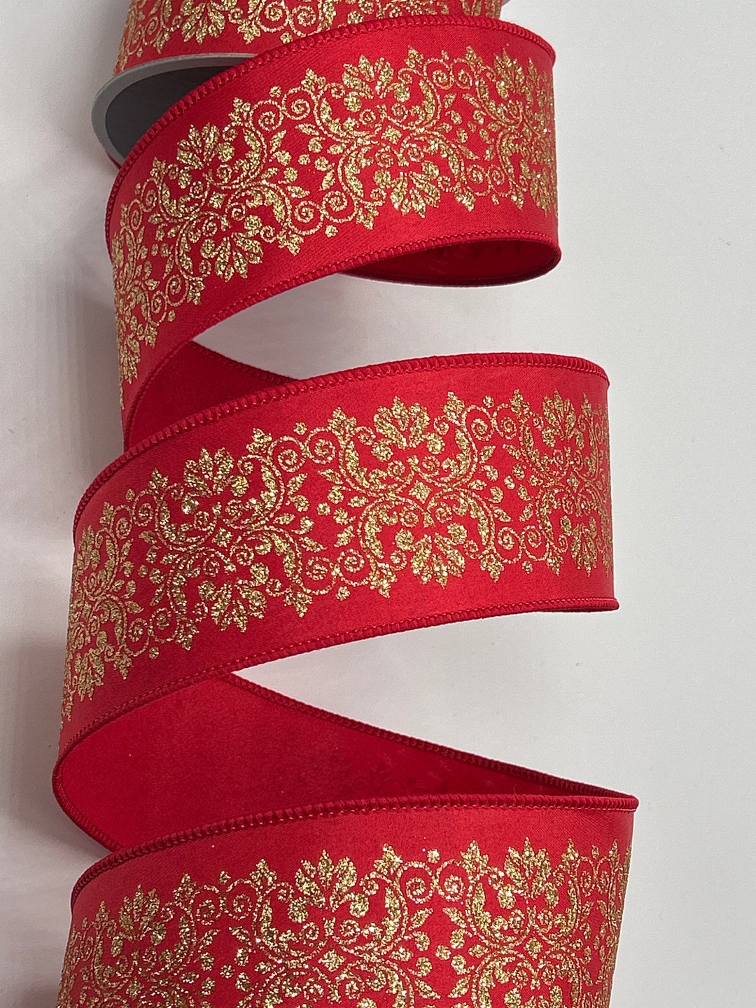 2.5" Gold Glitter on Red Ribbon ~ Wired Edges ~ Farrisilk ~ 10 Yard ...